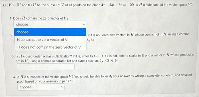 Solved V=R3 and let H be the subset of V of all points on | Chegg.com