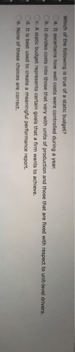 Solved Which of the following is true of a static budget? a. | Chegg.com