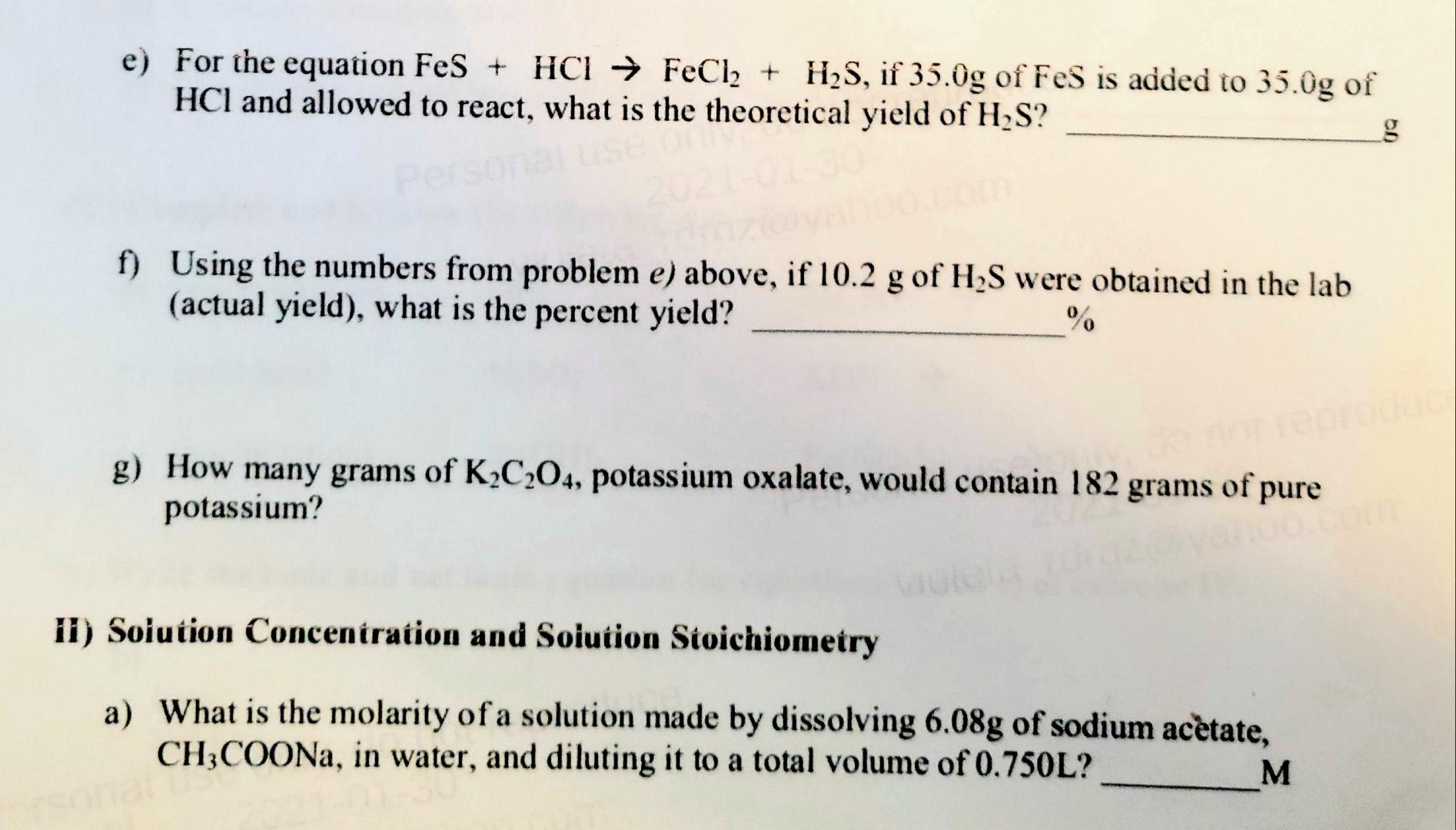 Solved e) For the equation FeS + HCI → FeCl2 + H2S, if 35.0g | Chegg.com
