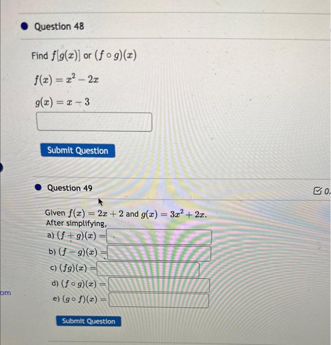 Solved Find f[g(x)] or (f∘g)(x) f(x)=x2−2xg(x)=x−3 Question | Chegg.com