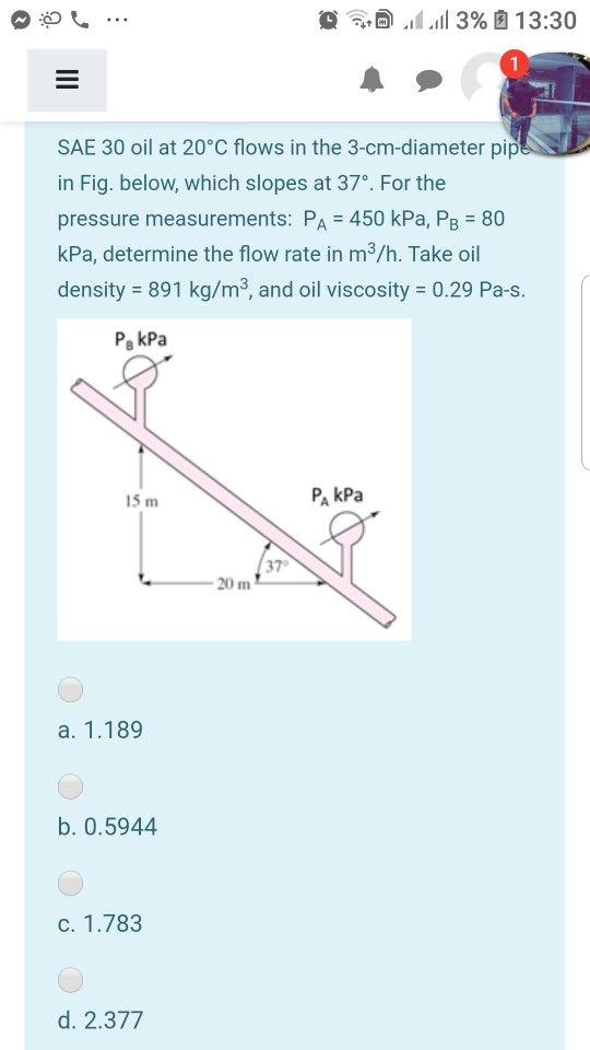 Solved Bol 3% 13:30 SAE 30 oil at 20°C flows in the | Chegg.com