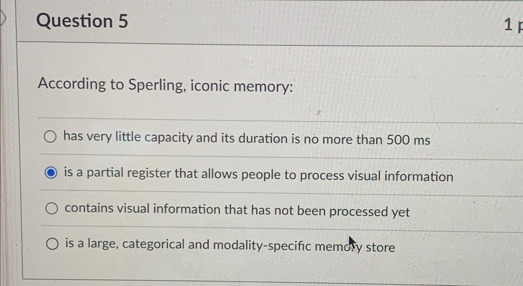 Solved Question 5According to Sperling, iconic memory:has | Chegg.com