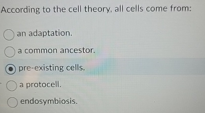 Solved According to the cell theory, all cells come from:an | Chegg.com