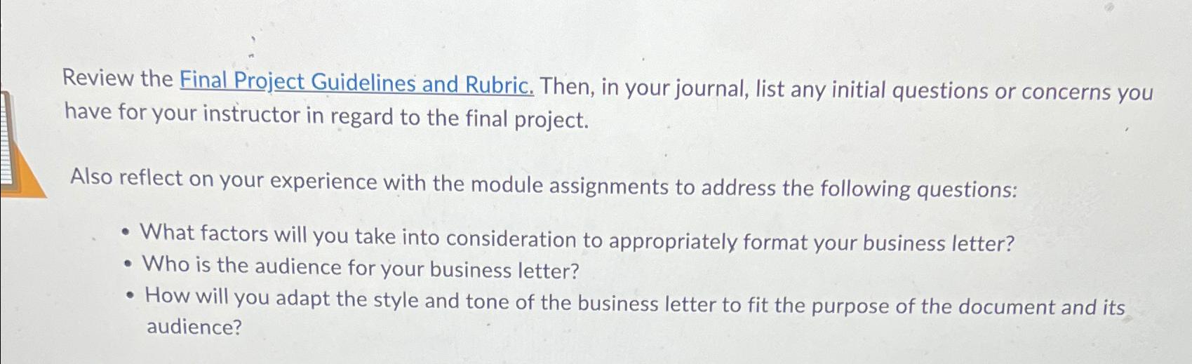 Solved Review the Final Project Guidelines and Rubric. Then, | Chegg.com
