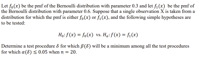 Solved Let f0(x) ﻿be the pmf of the Bernoulli distribution | Chegg.com