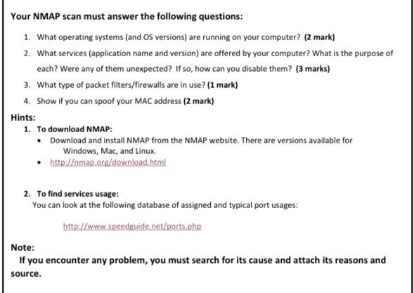 Solved Your NMAP scan must answer the following questions: | Chegg.com