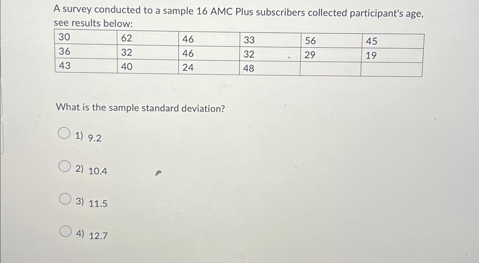 Solved A survey conducted to a sample 16 ﻿AMC Plus | Chegg.com