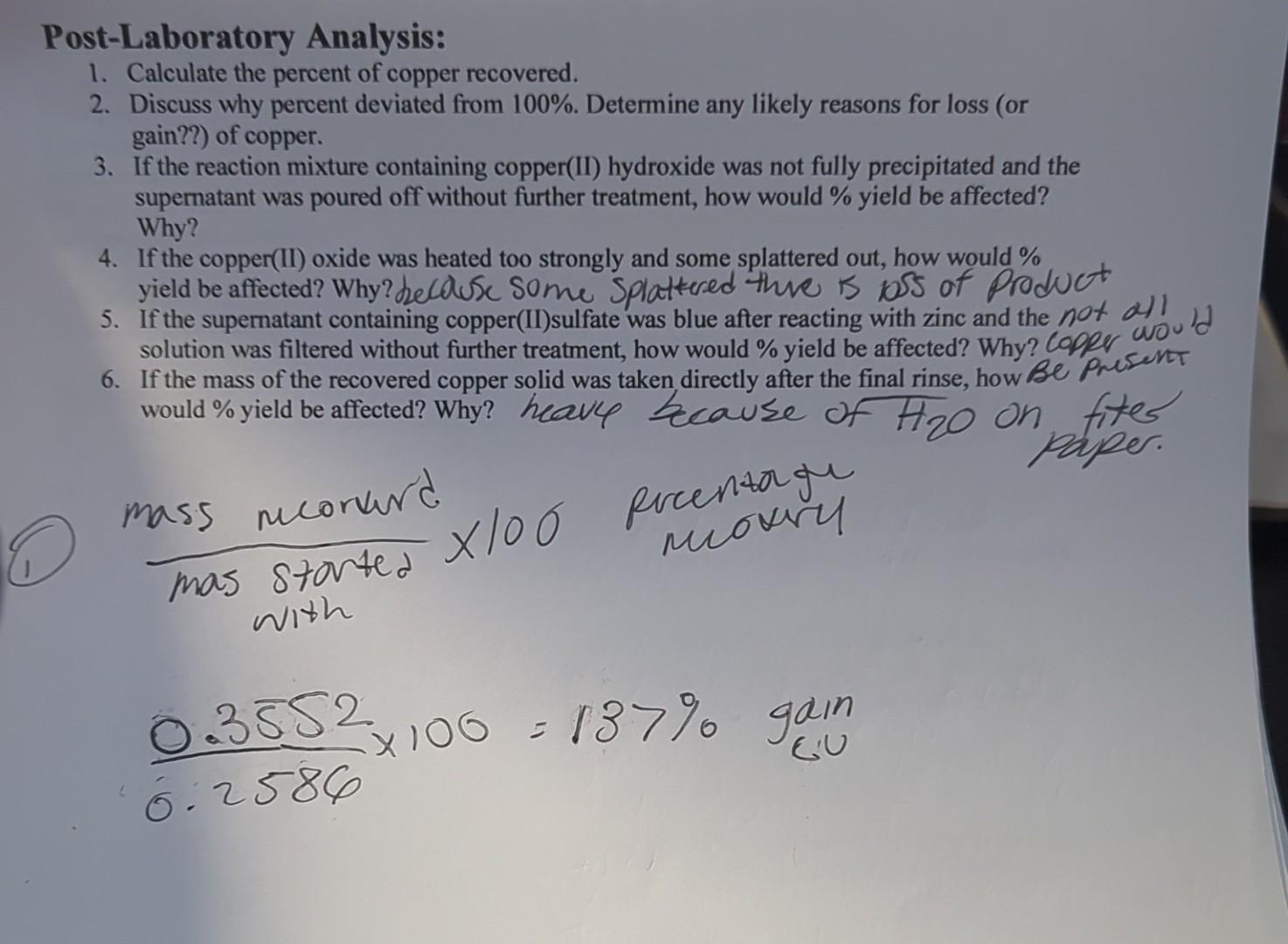 Solved Post-Laboratory Analysis: 1. Calculate the percent of | Chegg.com