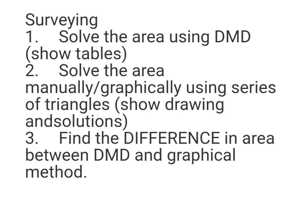 Solved Surveying 1. Solve the area using DMD (show tables) | Chegg.com