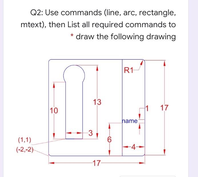 Solved Q2: Use commands (line, arc, rectangle, mtext), then | Chegg.com