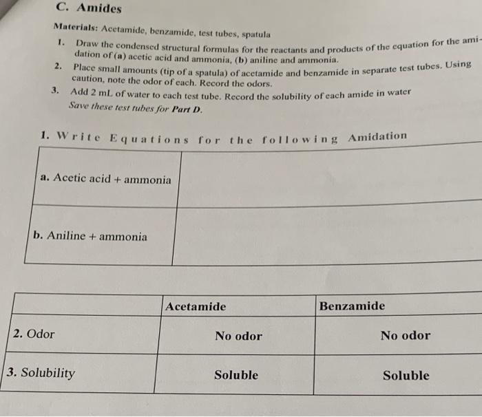 Solved C. Amides Materials: Acetamide, benzamide, test | Chegg.com