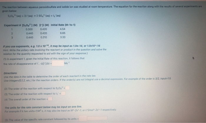 Solved The reaction between aqueous peroxidisulfate and | Chegg.com