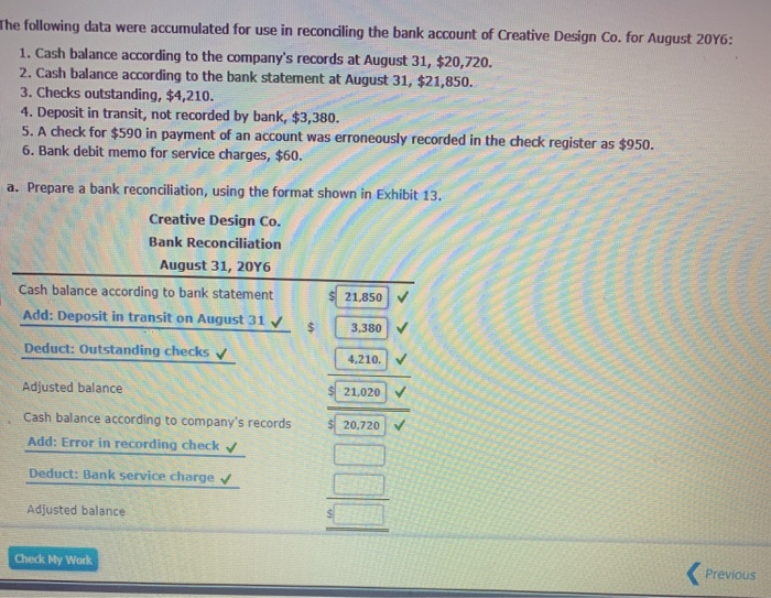 Bank Reconciliation The following data were gathered | Chegg.com