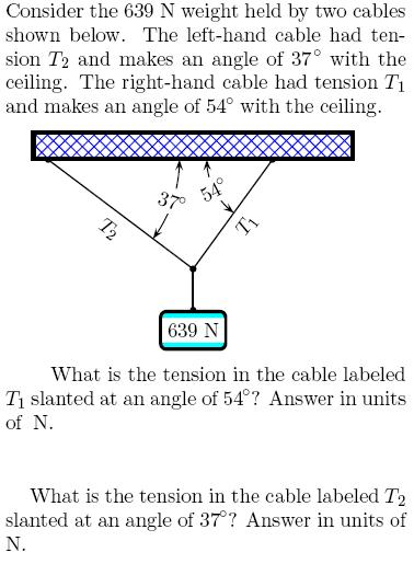 Solved Consider the 639 N weight held by two cables shown | Chegg.com
