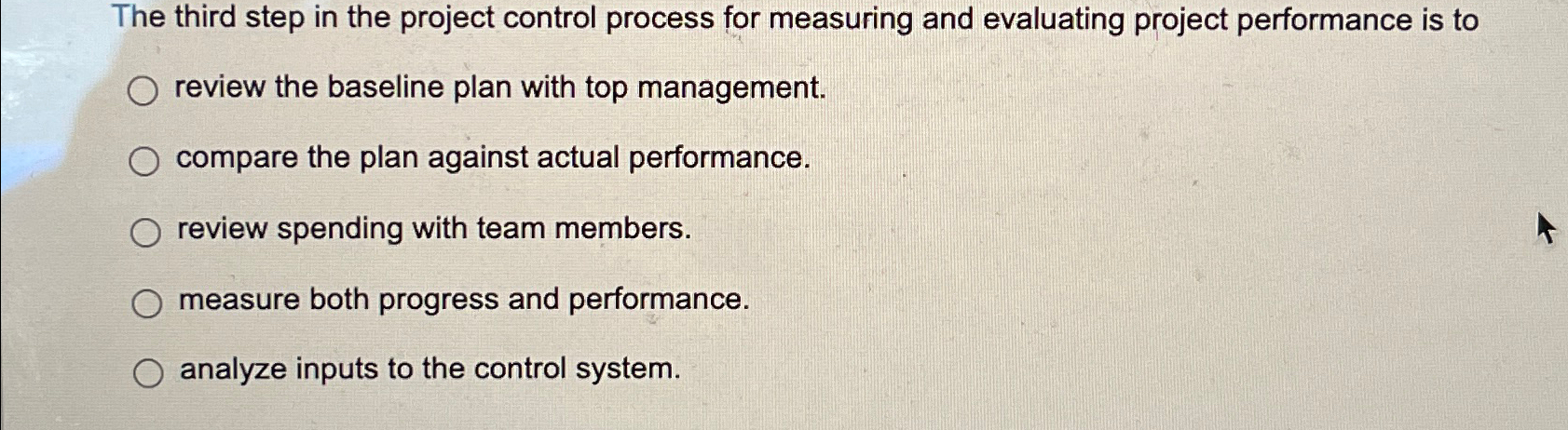 Solved The third step in the project control process for | Chegg.com