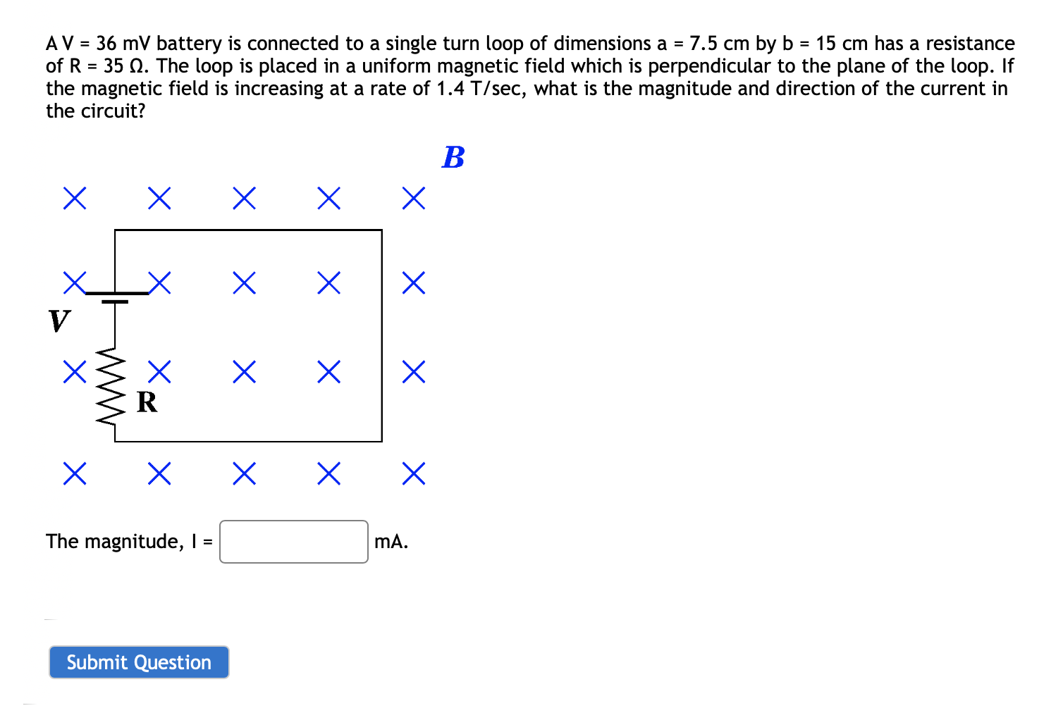 Solved AV=36mV ﻿battery is connected to a single turn loop | Chegg.com