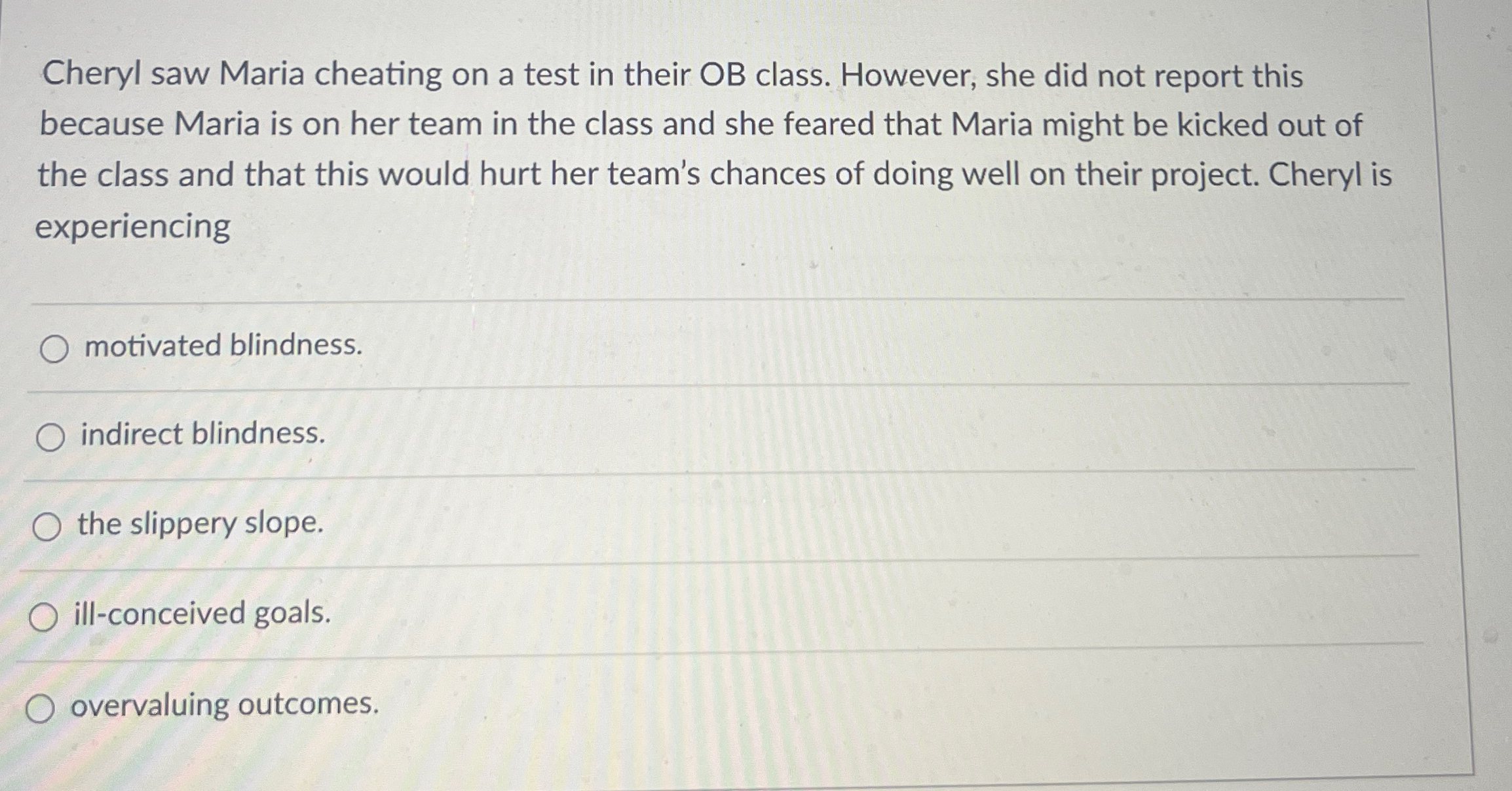 Solved Cheryl saw Maria cheating on a test in their OB | Chegg.com