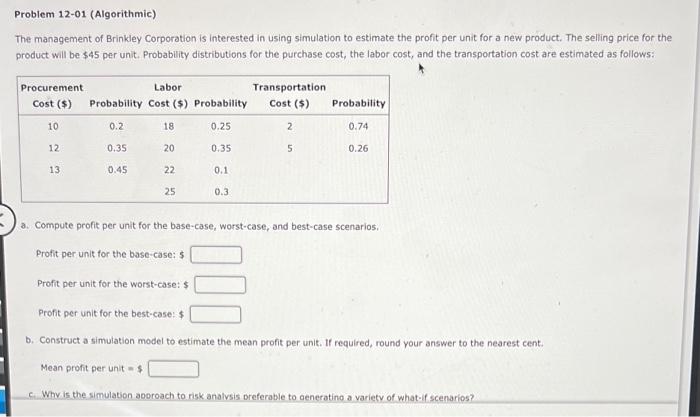 Solved Problem 12-01 (Algorithmic) The management of | Chegg.com