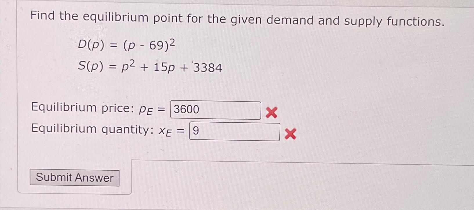 Solved Find the equilibrium point for the given demand and | Chegg.com