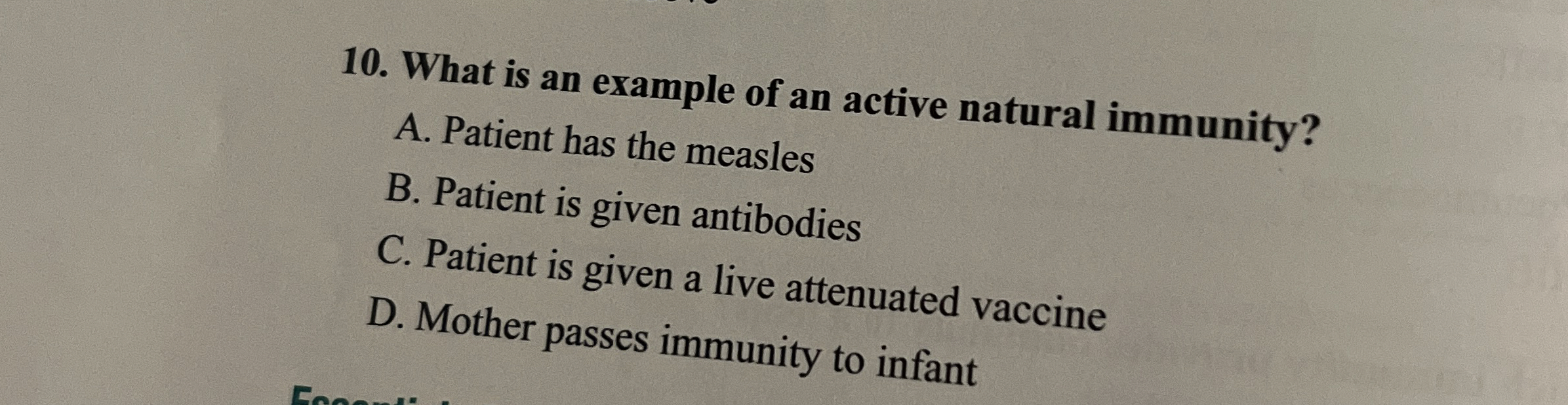 Solved What is an example of an active natural immunity?A. | Chegg.com