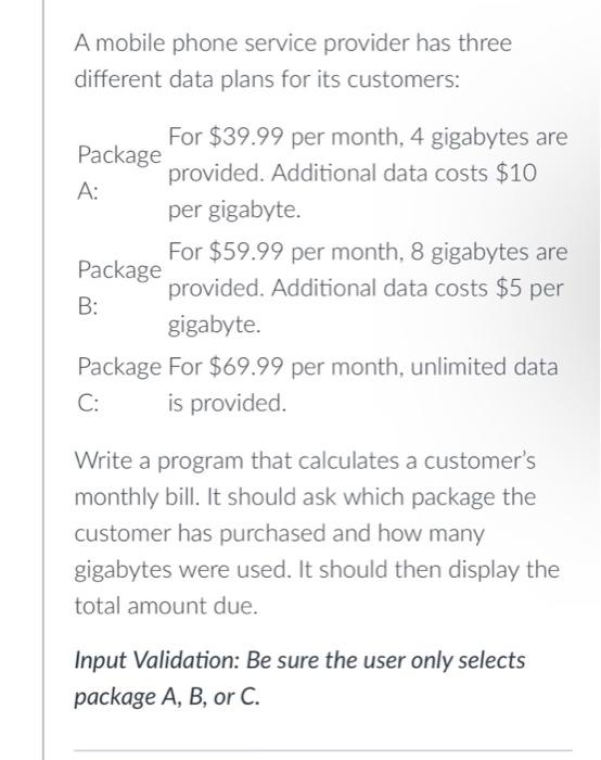 Solved A mobile phone service provider has three different | Chegg.com