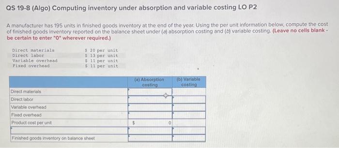 Solved QS 19-8 (Algo) Computing inventory under absorption | Chegg.com