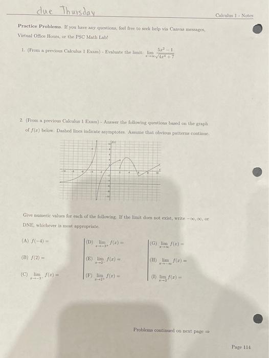 Solved due Thursday Calculus 1 - Notes Practice Problems. If | Chegg.com