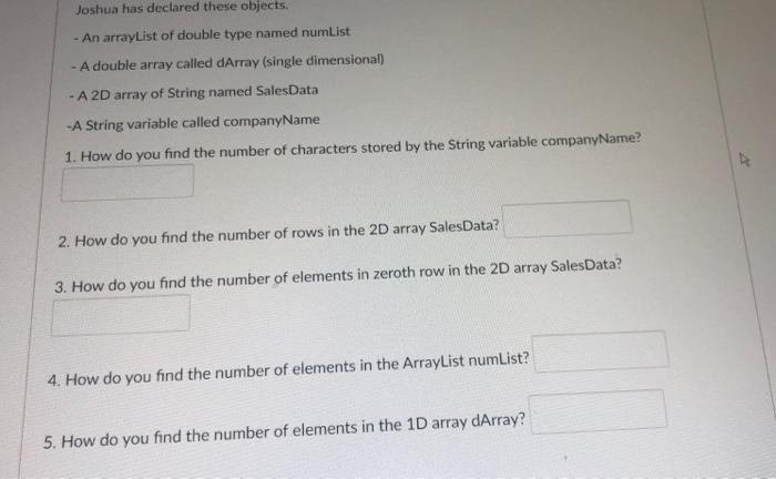 Solved Joshua has declared these objects. - An arrayList of | Chegg.com
