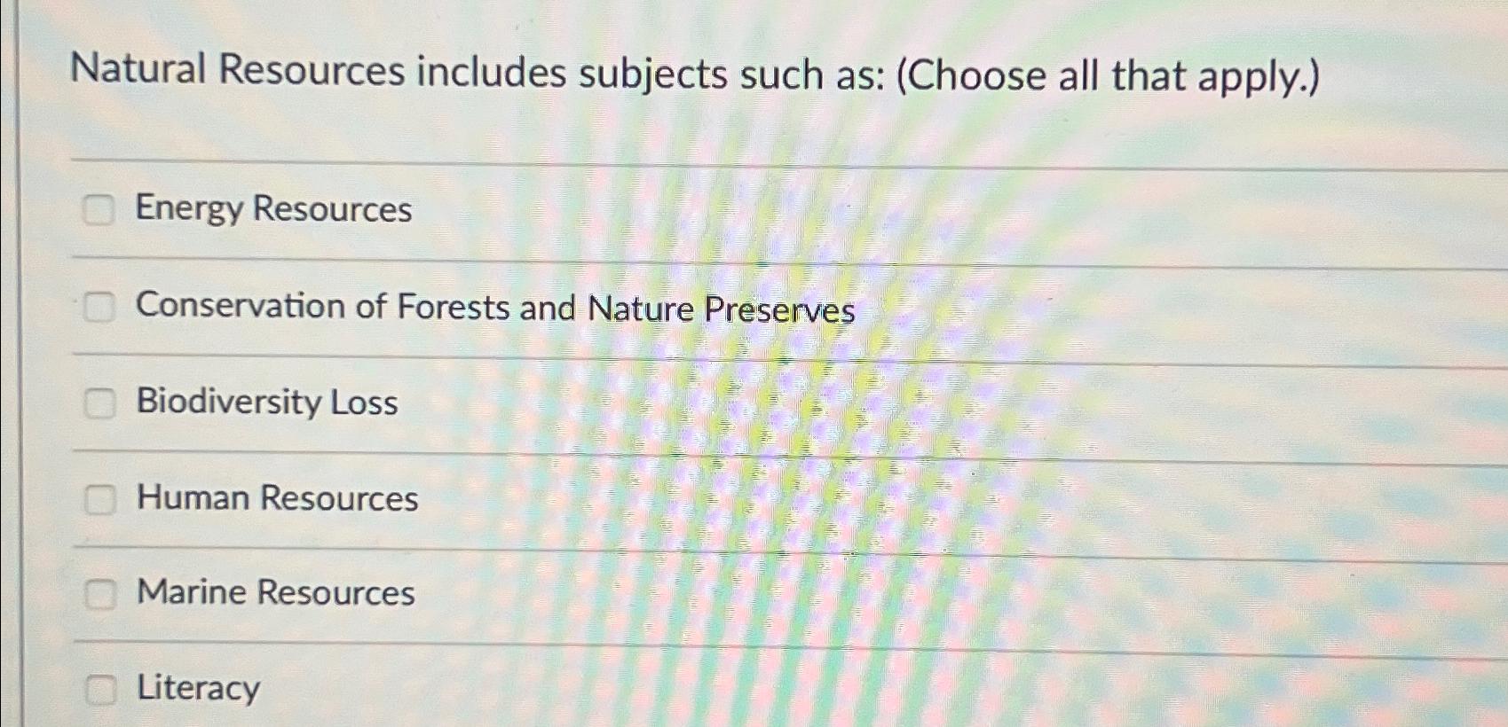 Solved Natural Resources includes subjects such as: (Choose | Chegg.com
