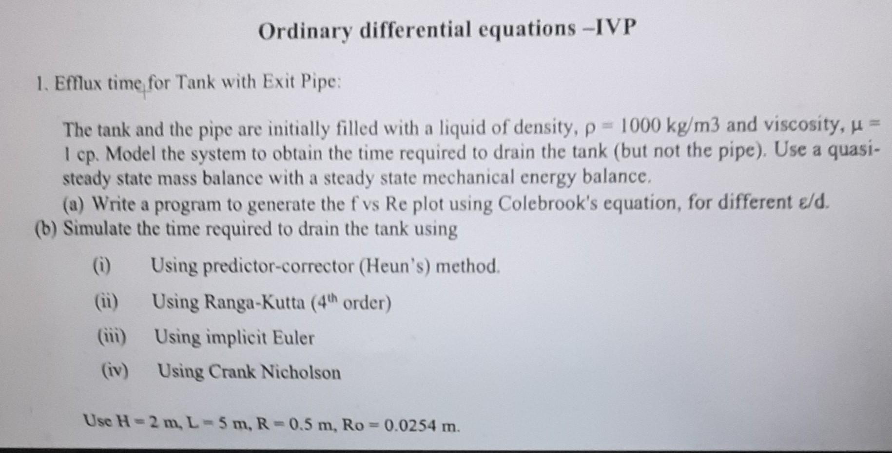 Solved 1. Efflux time for Tank with Exit Pipe: The tank and | Chegg.com