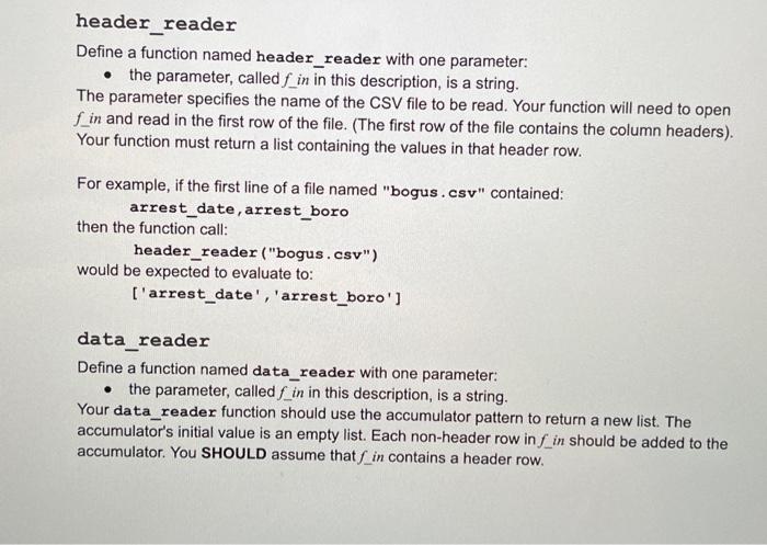 Solved header_reader Define a function named header_reader | Chegg.com