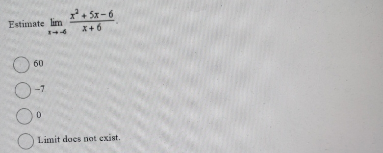 Solved Estimate limx→-6x2+5x-6x+660-70Limit does not exist. | Chegg.com