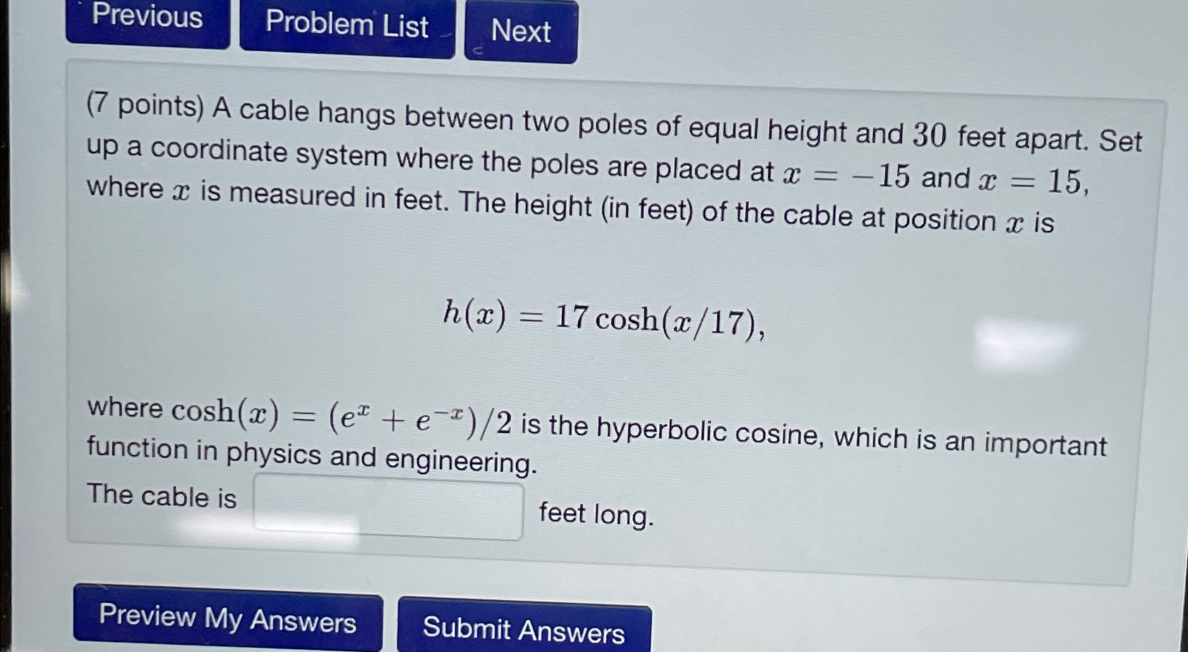 Solved (7 ﻿points) ﻿A cable hangs between two poles of equal | Chegg.com