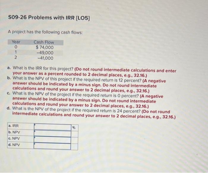 Solved S09-26 Problems with IRR [LO5] A project has the | Chegg.com