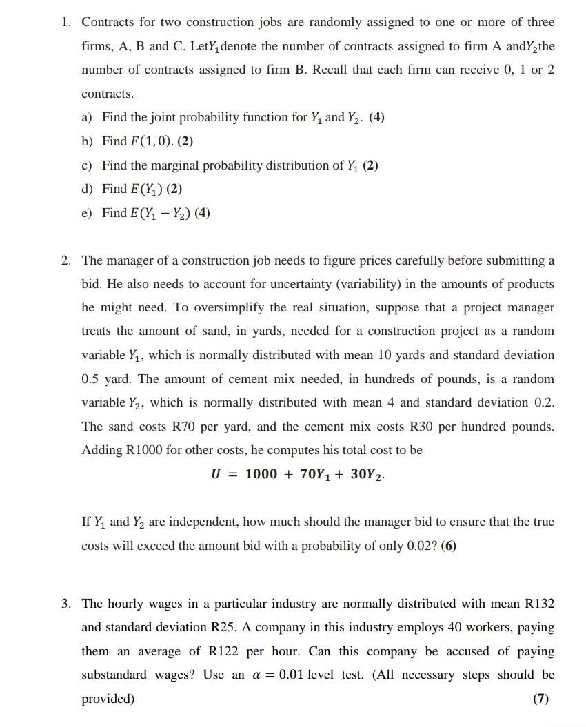 1. Contracts for two construction jobs are randomly | Chegg.com