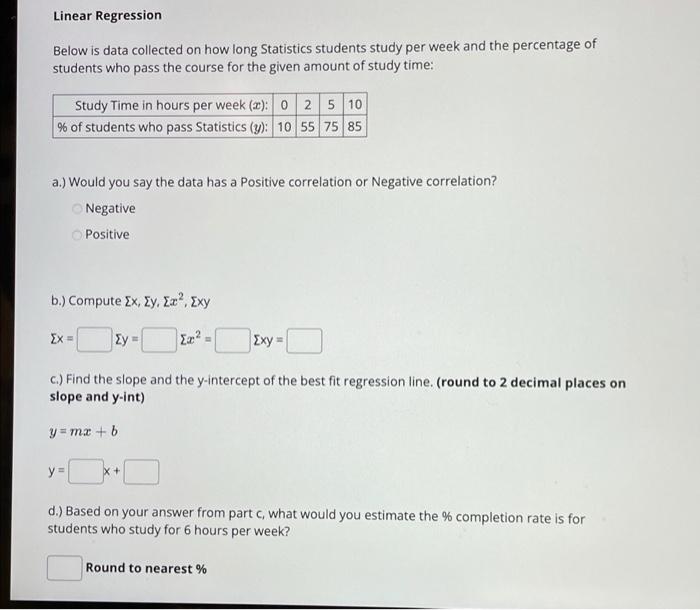 Solved Linear Regression Below is data collected on how long | Chegg.com