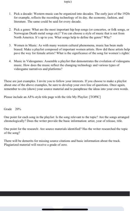 Historical or Thematic Playlist For this assignment, | Chegg.com