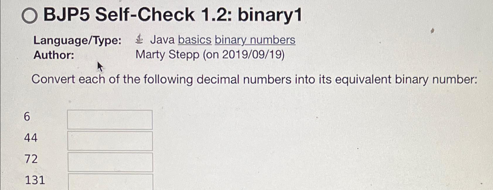 Solved BJP5 ﻿Self-Check 1.2: binary1Language/Type:Java | Chegg.com