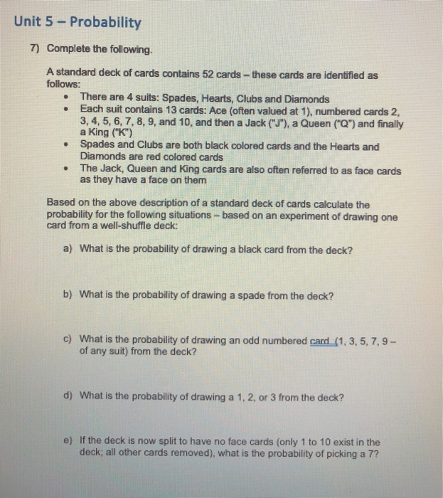 Solved Unit 5 - Probability . 7) Complete the following. A | Chegg.com