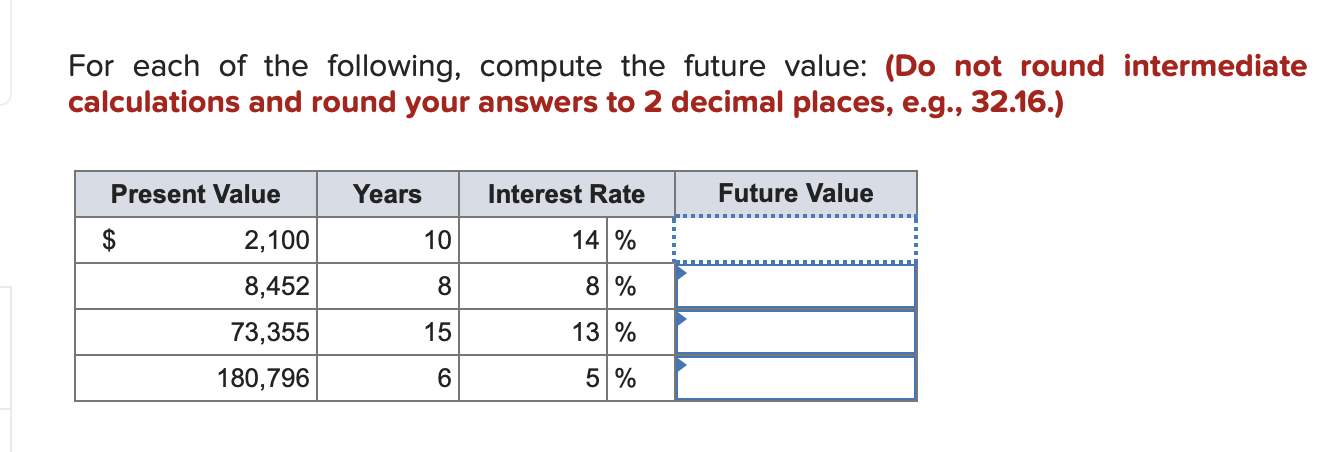 Solved For each of the following, compute the future value: | Chegg.com