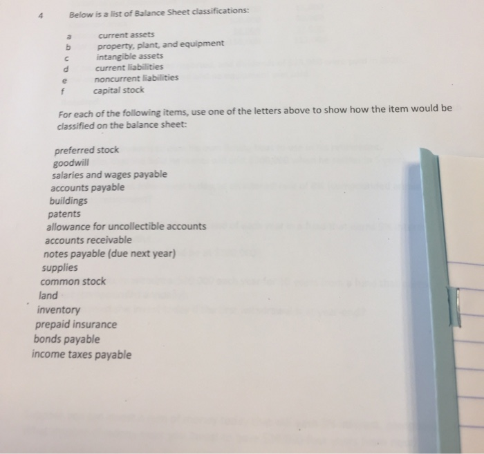 Solved Below is a list of Balance Sheet classifications: 4 | Chegg.com