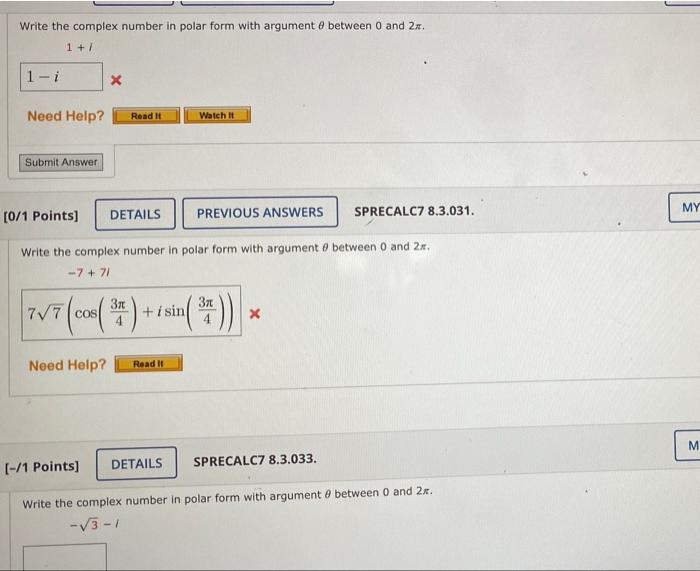 Solved Write the complex number in polar form with argument | Chegg.com