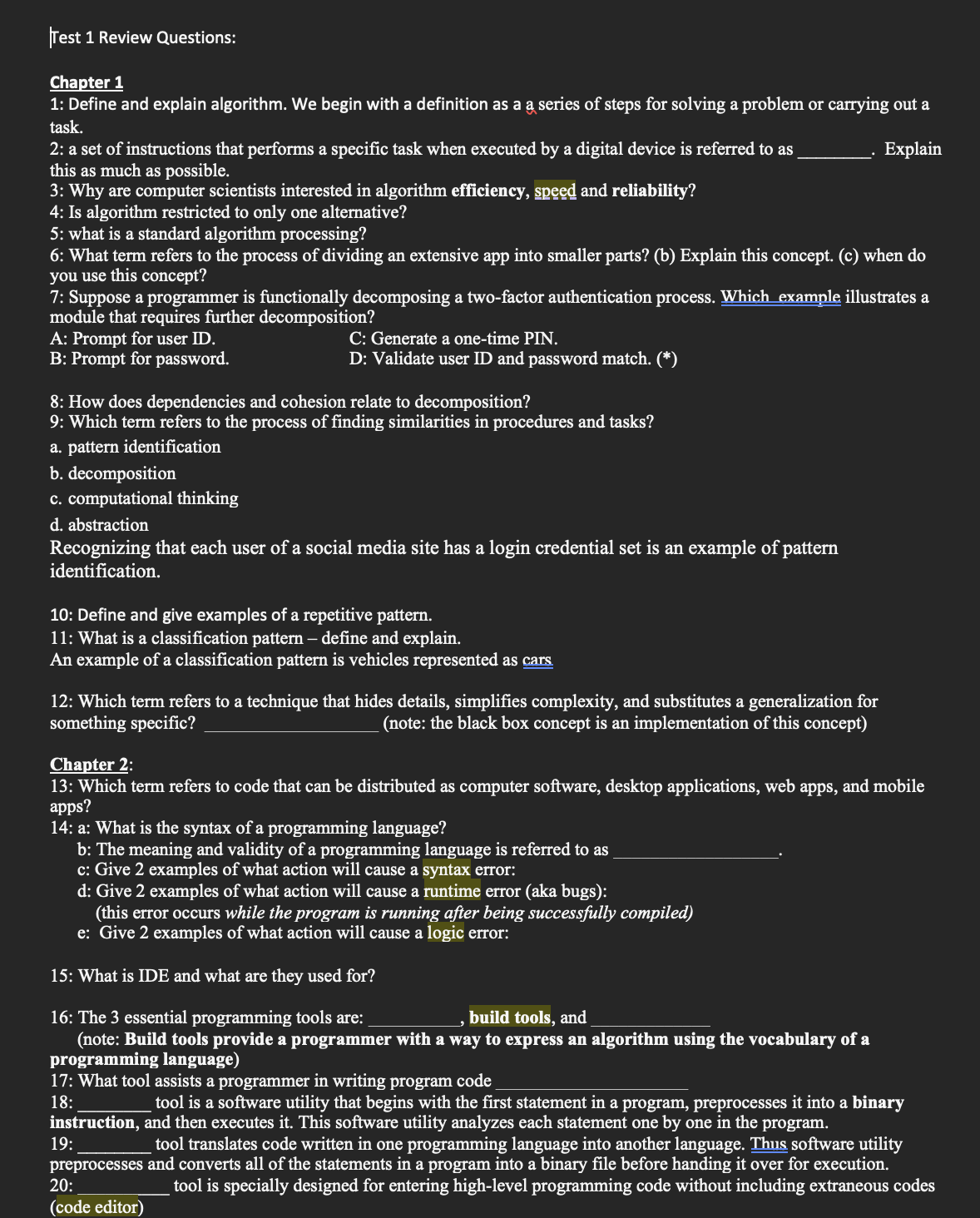 Solved |Test 1 ﻿Review Questions:Chapter 11: Define and | Chegg.com