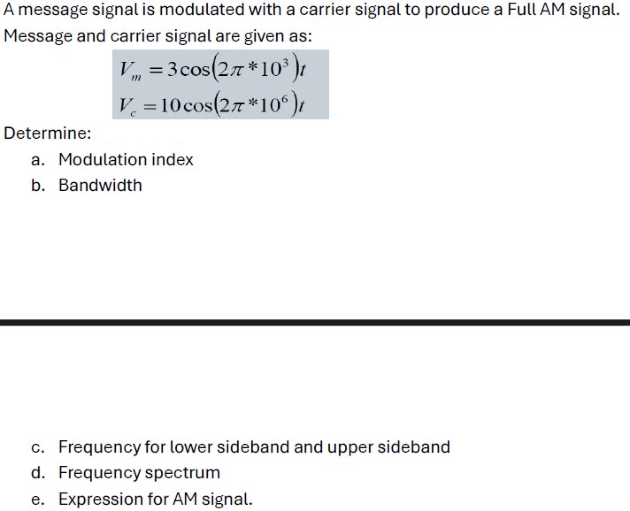 Solved Determine:a. ﻿Modulation indexb. ﻿Bandwidthc. | Chegg.com