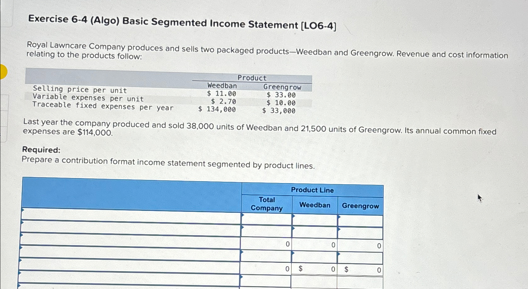 Solved Exercise 6-4 (Algo) ﻿Basic Segmented Income Statement | Chegg.com
