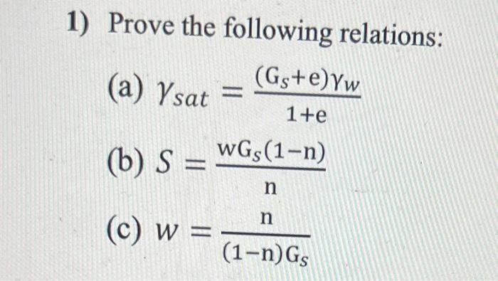 Solved 1) Prove the following relations: (a) Ysat = (Gs+e)Yw | Chegg.com