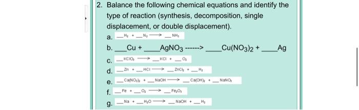 Solved Balancing Equations and Reaction Types 1. For the | Chegg.com