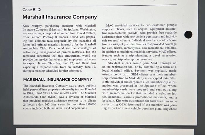 Solved Marshall Insurance Company Kara Murphy, purchasing | Chegg.com