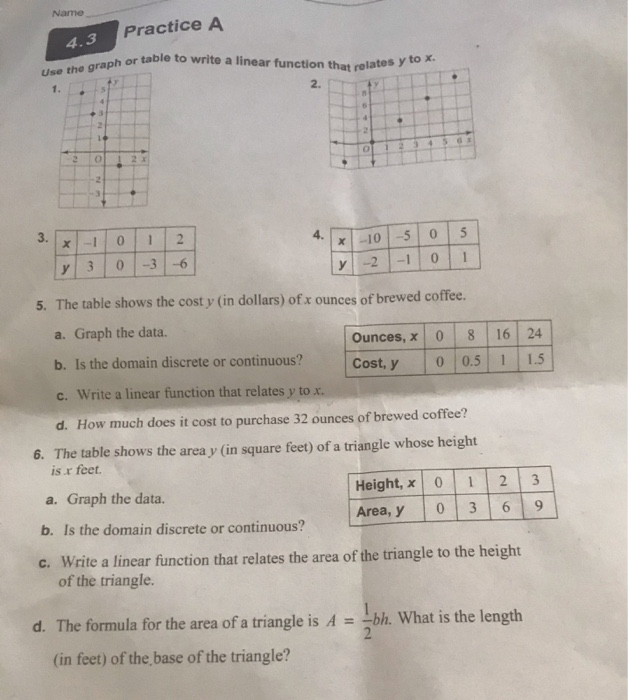 Solved Name 4.3 Practice A raph or table to write a linear | Chegg.com