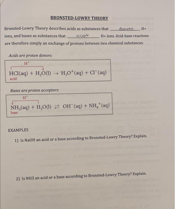 Solved BRONSTED-LOWRY THEORY Bronsted-Lowry Theory describes | Chegg.com
